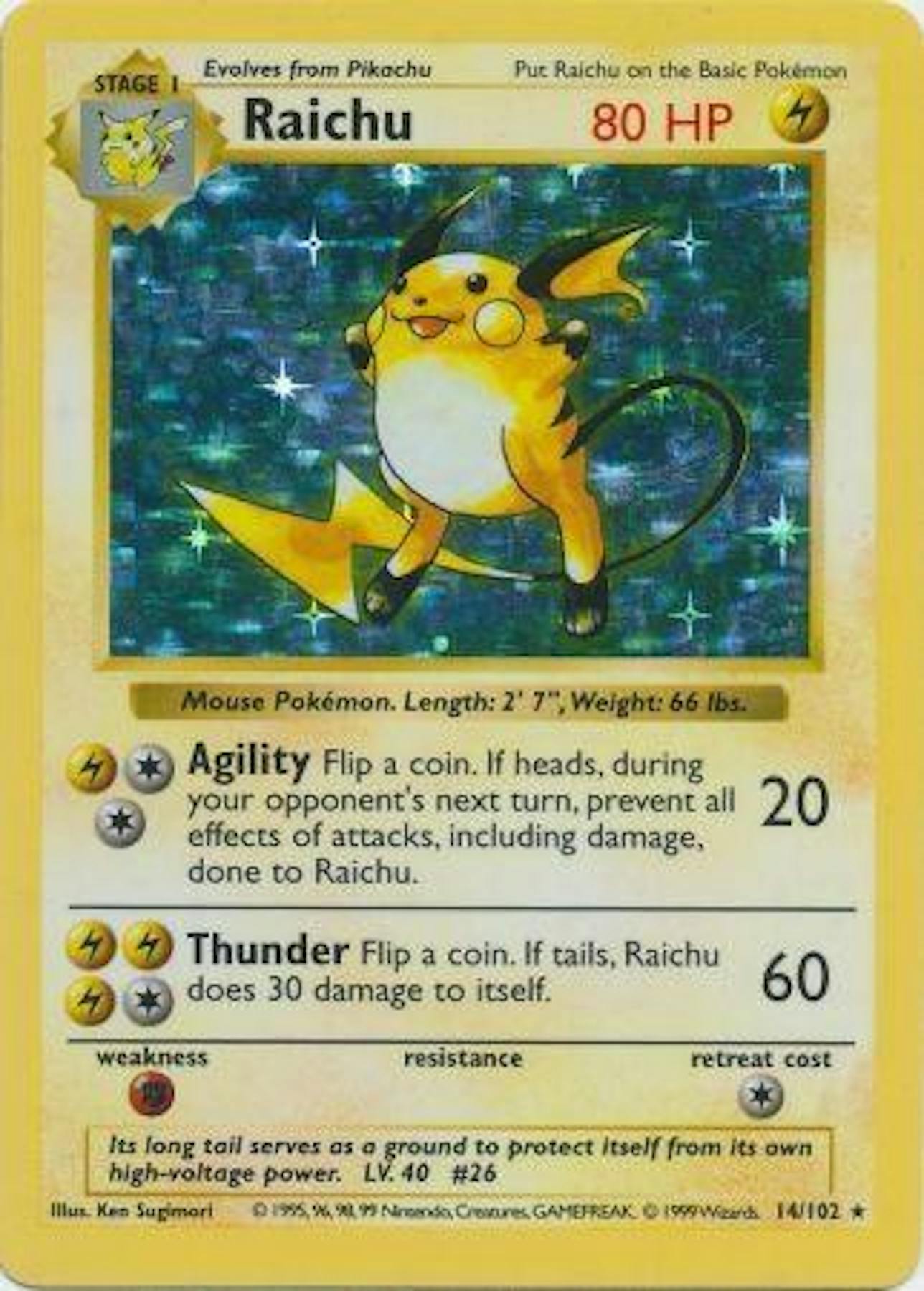 Pokemon Base Set 1 Shadowless Single Raichu 14 SLIGHT PLAY SP DA pokemon-base-set-1-shadowless-single-raichu-14-slight-play-sp-da